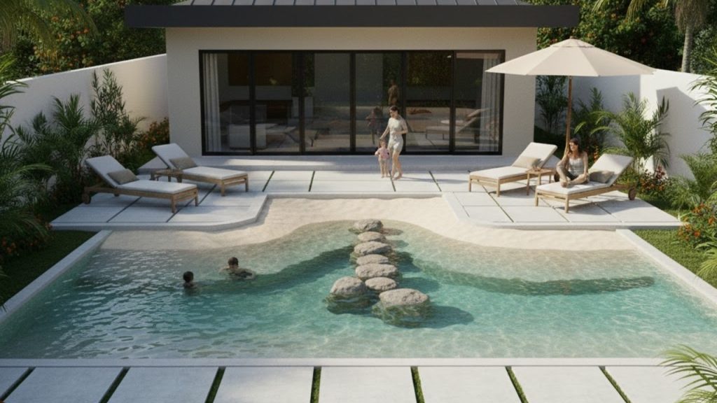 O truque que faz a piscina parecer uma praia natural no quintal